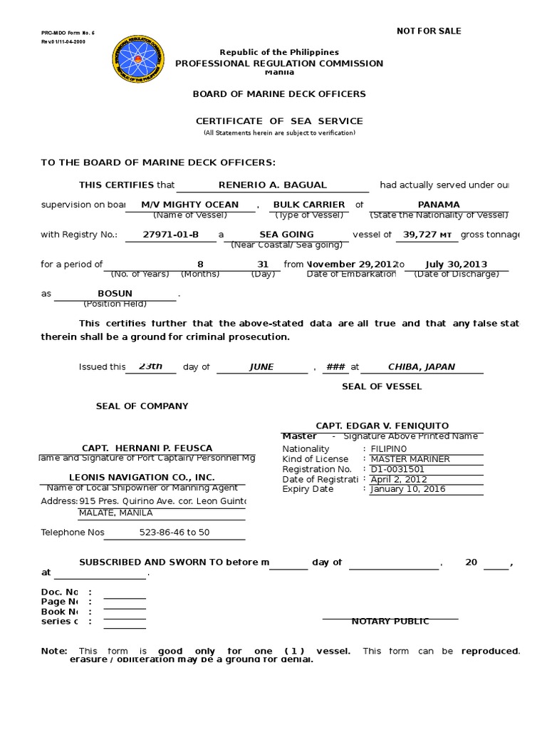 Certificate of Sea Service: Republic of The Philippines Manila | PDF ...