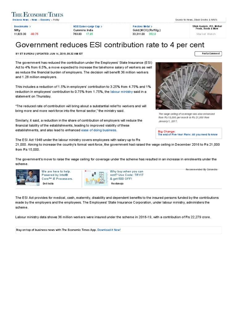 Government Reduces ESI Contribution Rate To 4 Per Cent: Labour Ministry ...