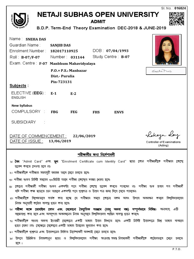 Netaji Subhas Open University: B.D.P. Term-End Theory Examination DEC-2018 & JUNE-2019 | PDF