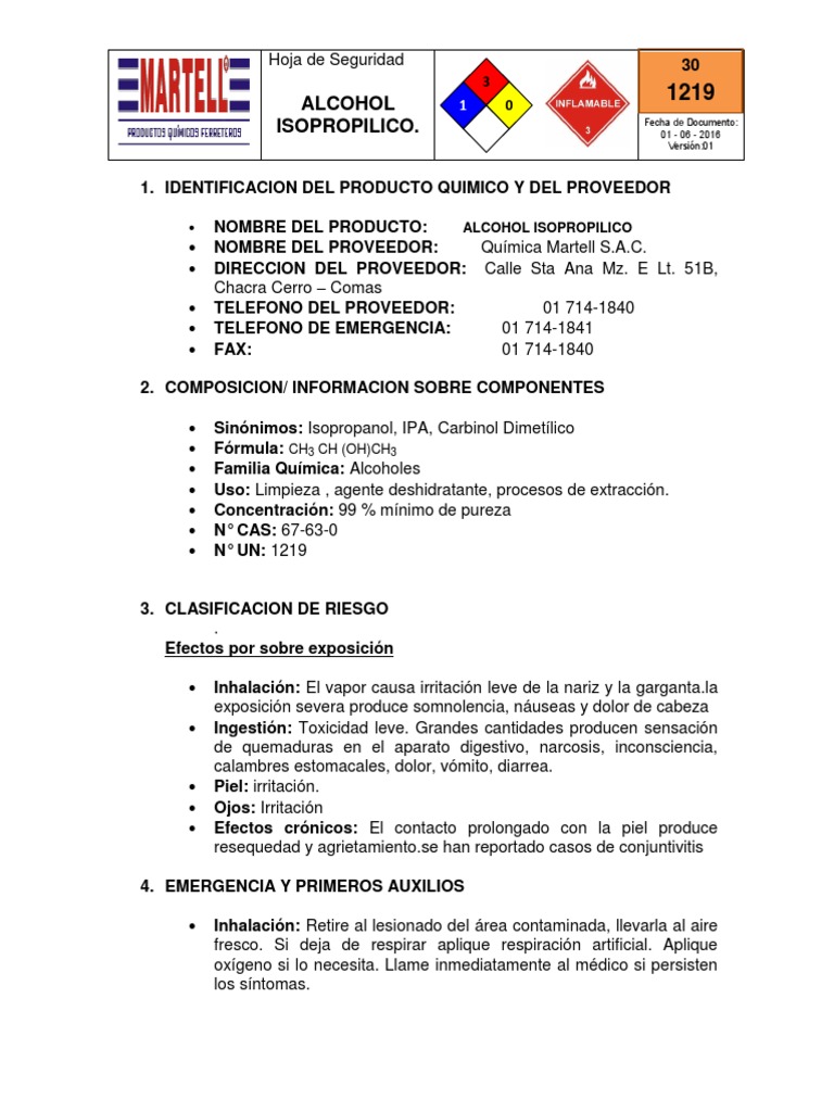 MSDS Alcohol Isopropílico MARTELL | Oxígeno | Alcohol