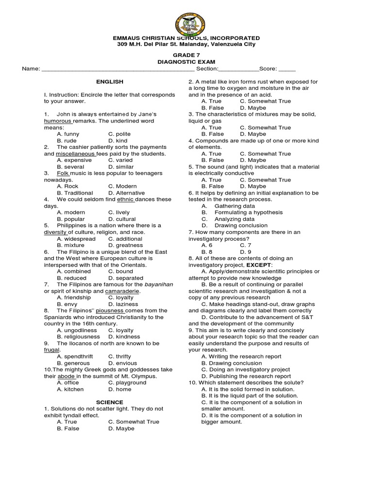 Emmaus Christian Schools, Incorporated 309 M.H. Del Pilar St. Malanday, Valenzuela City Grade 7 ...