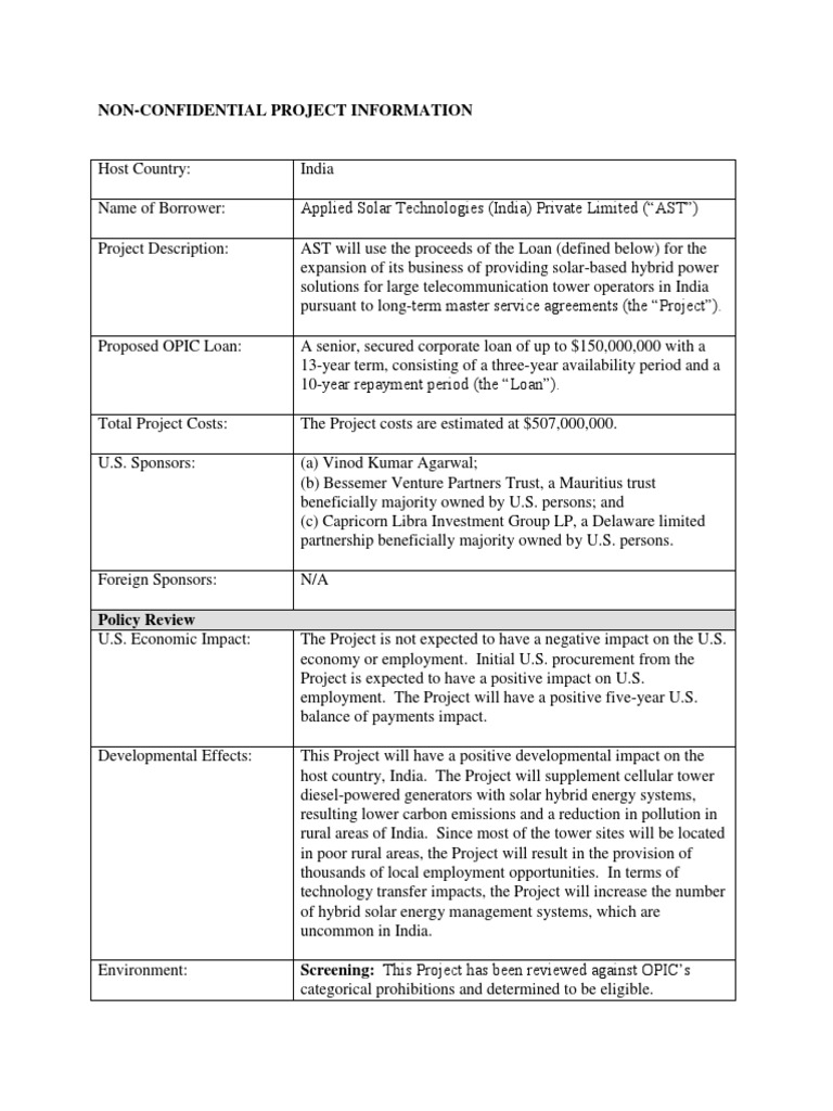 Non-Confidential Project Information | PDF | Labor Rights | Regulatory ...