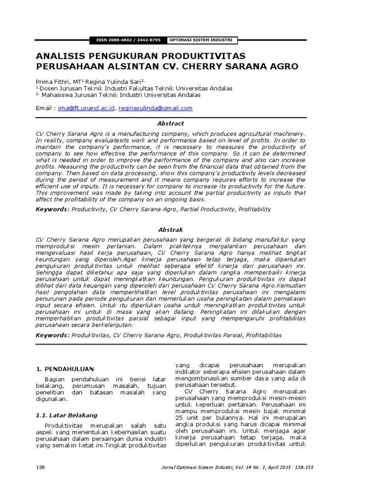 Analisis Pengukuran Produktivitas Perusahaan Alsin | PDF