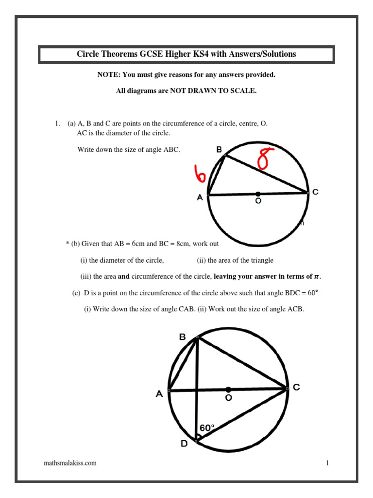 Circle Theorems Gcse Higher With Answers Mathsmalakisscom | PDF ...