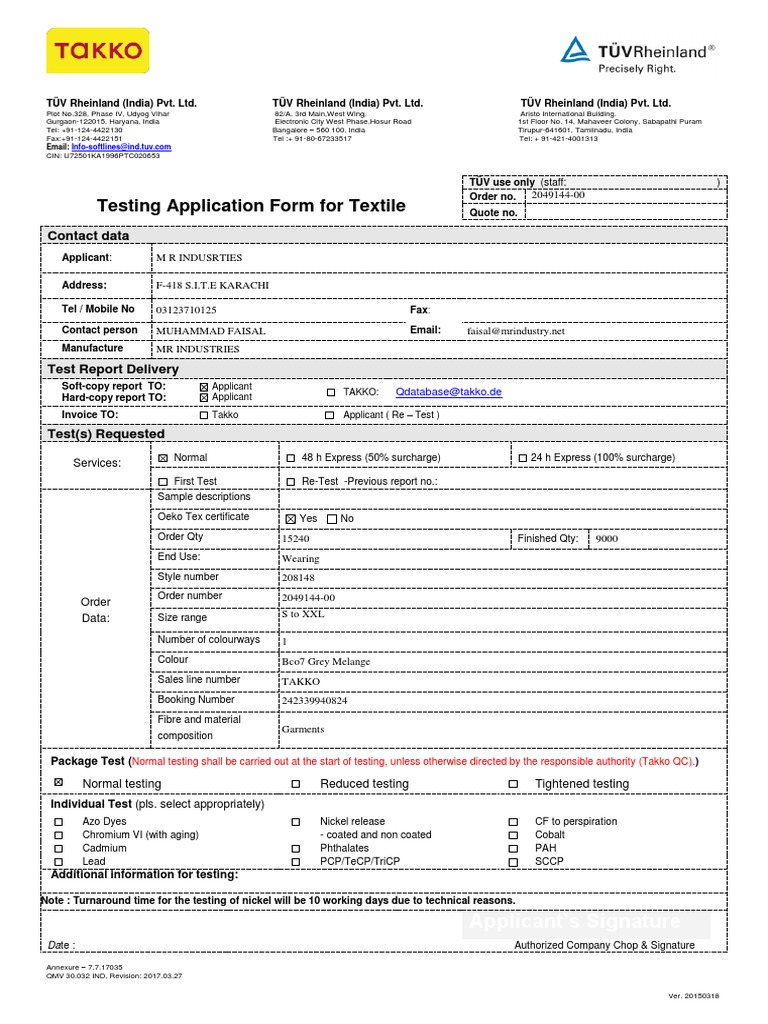 Pre Test Takko - TUV Rheinland India Textile Testing 2046567-00 | PDF ...
