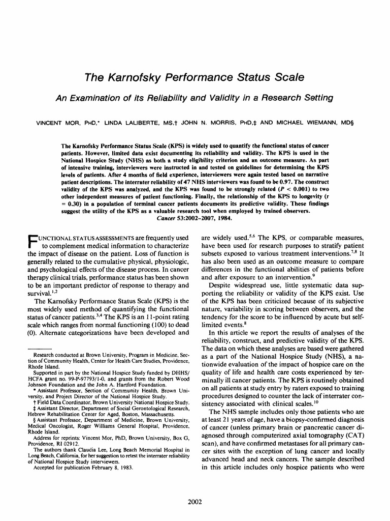 Karnofsky Performance Status Scale Validity | PDF | Errors And ...