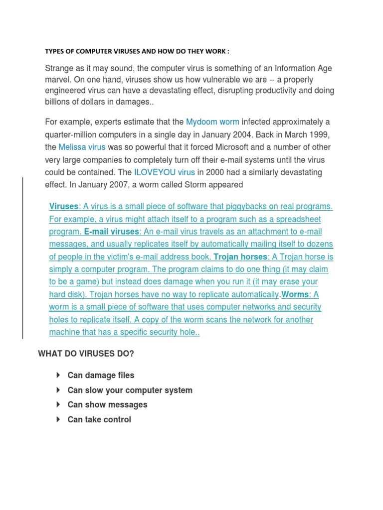 Mydoom Worm: Types of Computer Viruses and How Do They Work | PDF