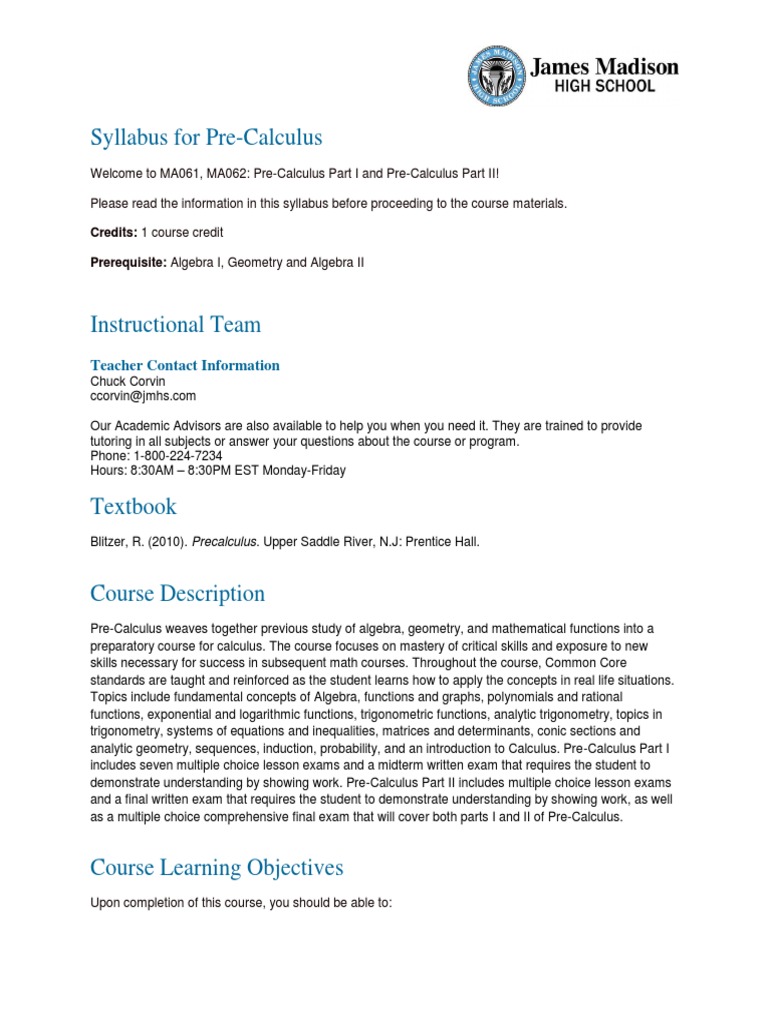 Pre Calculus Jmhs Syllabus | PDF | Precalculus | Function (Mathematics)