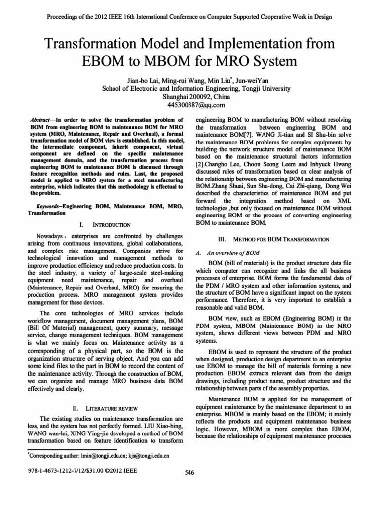 Transformation Model and Implementation From EBOM To MBOM For MRO ...