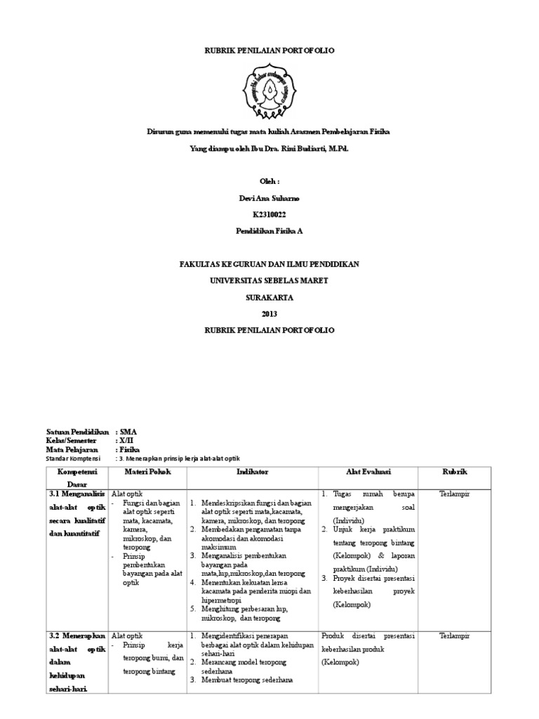Rubrik Penilaian Portofolio | PDF