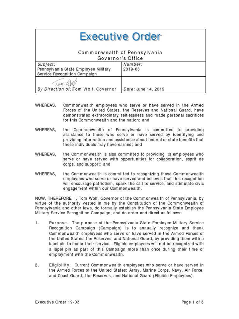 EO PA State Employee Military Service Recognition June 14, 2019 | PDF ...