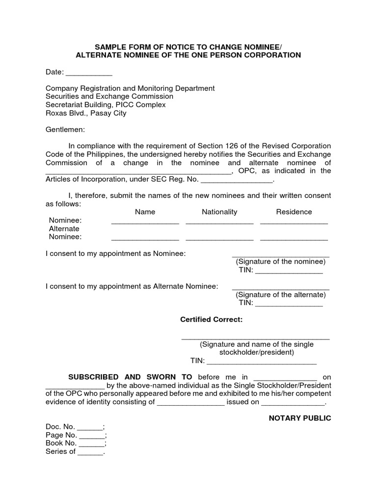 SEC 2019 Sample Notice To Change Nominee (OPC) | PDF