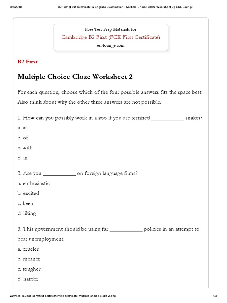 B2 First (First Certificate in English) Examination - Multiple Choice ...