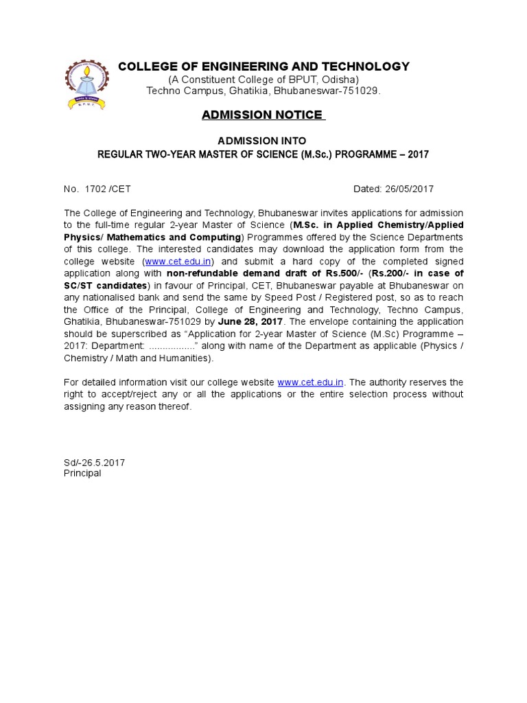 181 - MSC Admission Advt & Form 2017-18 | PDF | University And College ...