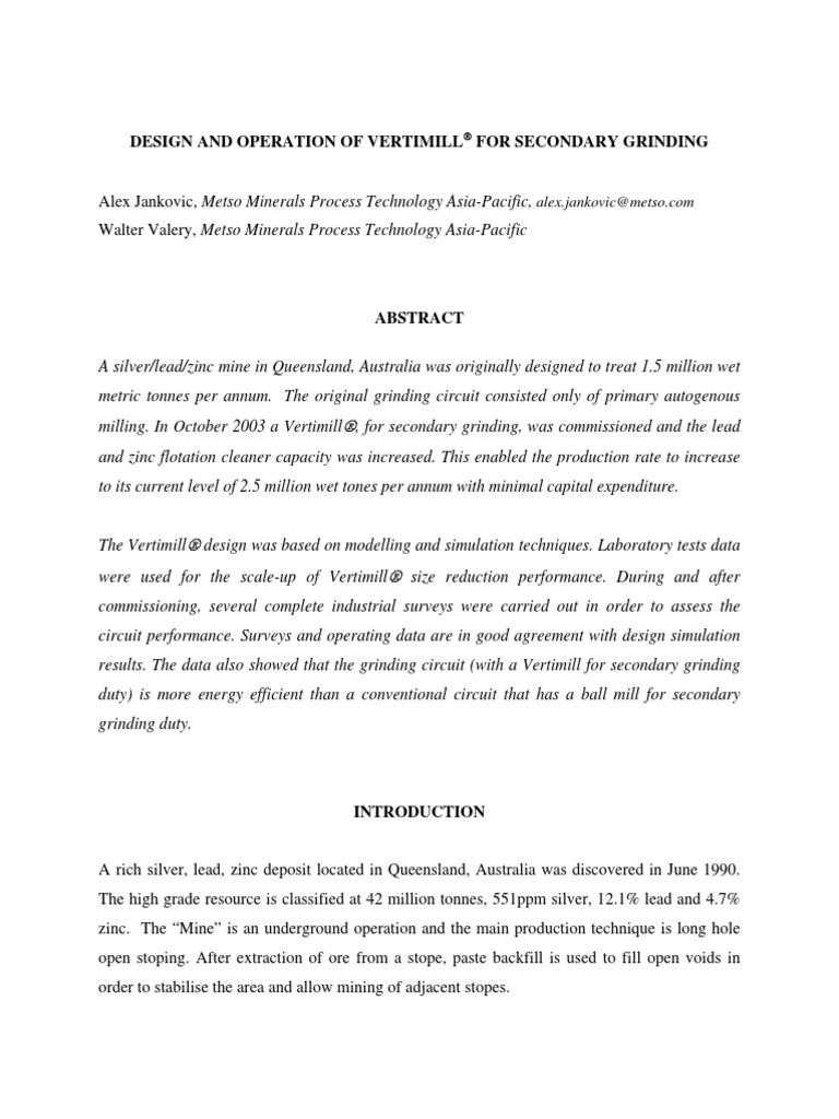 (2004) Design and Operation of Vertimill For Secondary Grinding | PDF ...