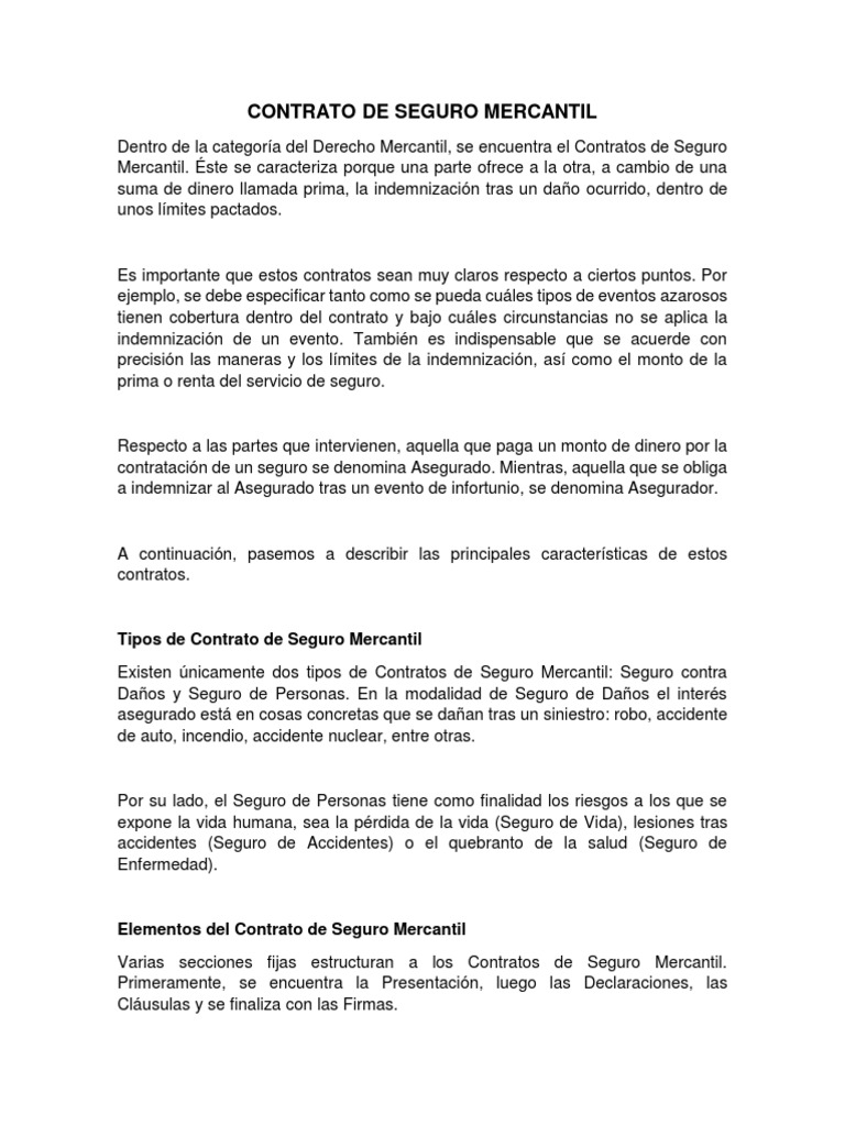 Contrato de Seguro Mercantil | Póliza de seguros | Seguro