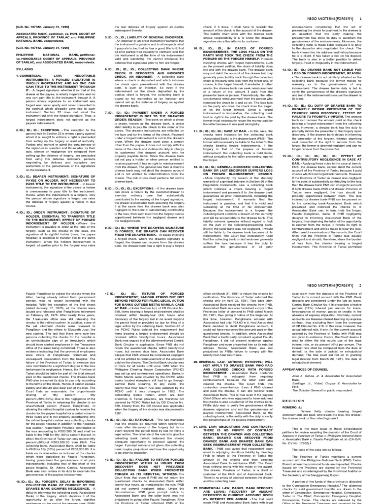 Vs. Honorable Court of Appeals, Province: Nego Midterm (Forgery) 1 | PDF | Forgery | Cheque