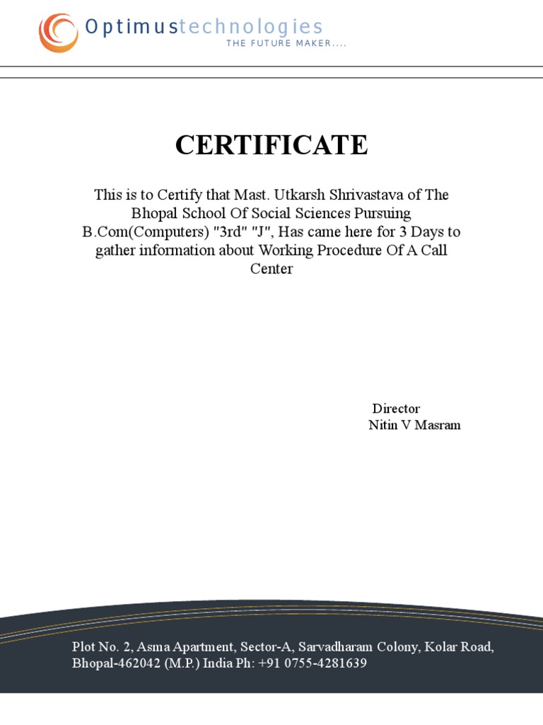 Call Center Working Procedure Certificate | PDF