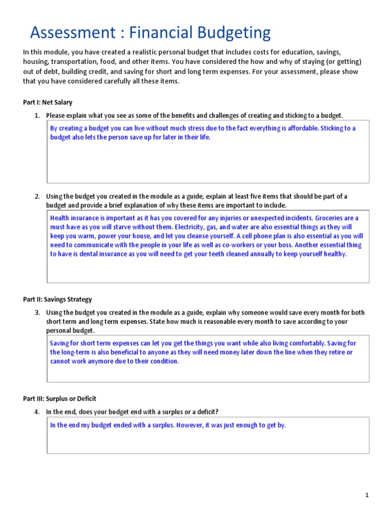 Eschool Ela Career Development Unit 3-Module 1 Assessment - Budgeting ...