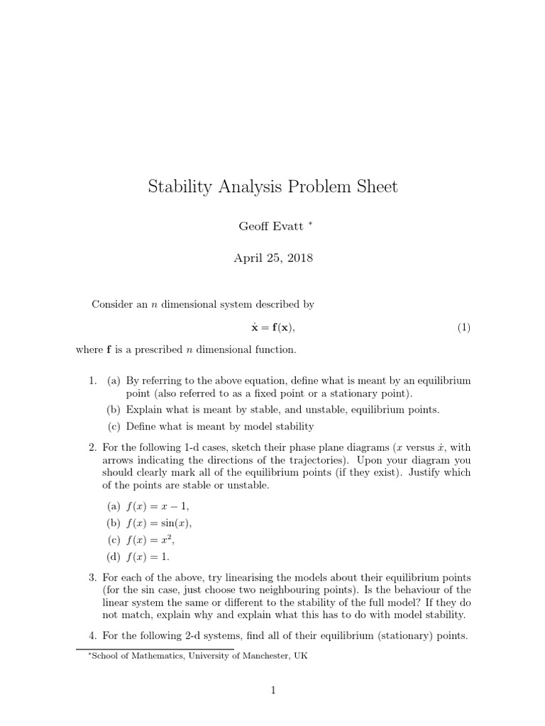 Stability Analysis Problem Sheet: Geoff Evatt April 25, 2018 | PDF ...