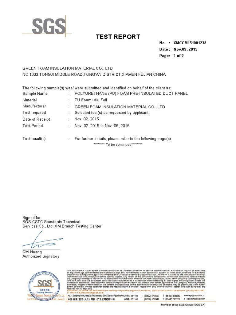 Polyurethane Foam Duct Panel Test Report | PDF | Building Insulation ...