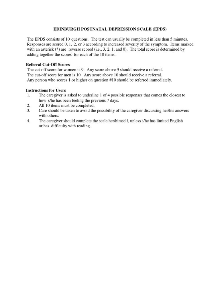 Edinburgh Postnatal Depression Scale (Epds) | PDF | Caregiver ...