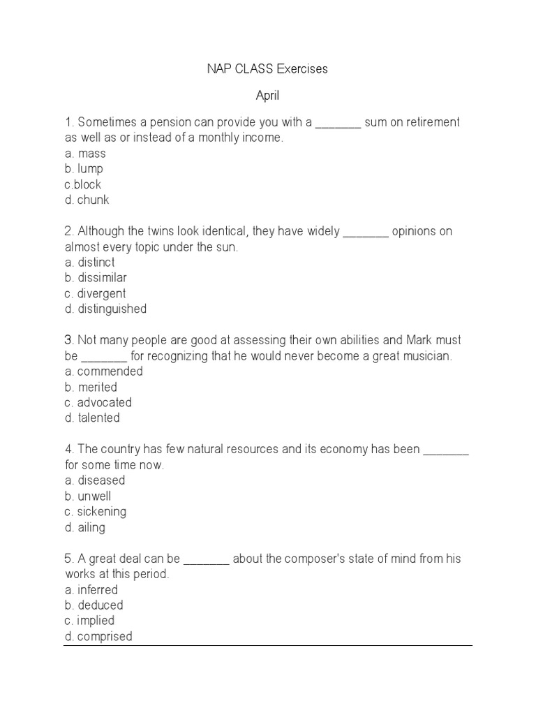 NAP CLASS Exercises April | PDF