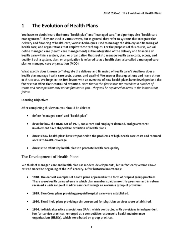 AHM 250 1 The Evolution of Health Plans | PDF | Health Maintenance ...