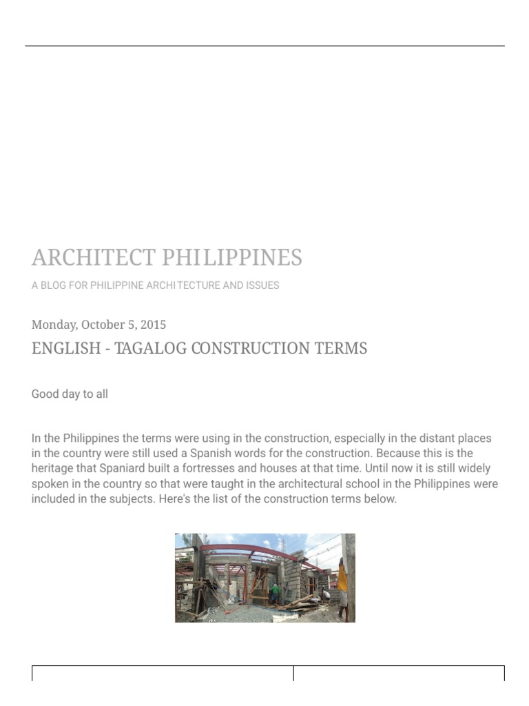 Architect Philippines - English - Tagalog Construction Terms | PDF ...