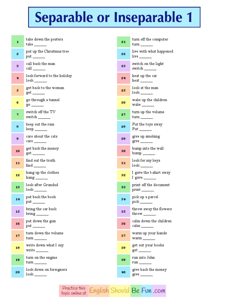 Phrasal Verbs Separable or Inseparable Easy Grammar Drills 105487 | PDF