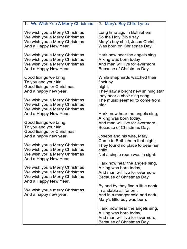 We Wish You A Merry Christmas Mary's Boy Child Lyrics | PDF | Christmas ...
