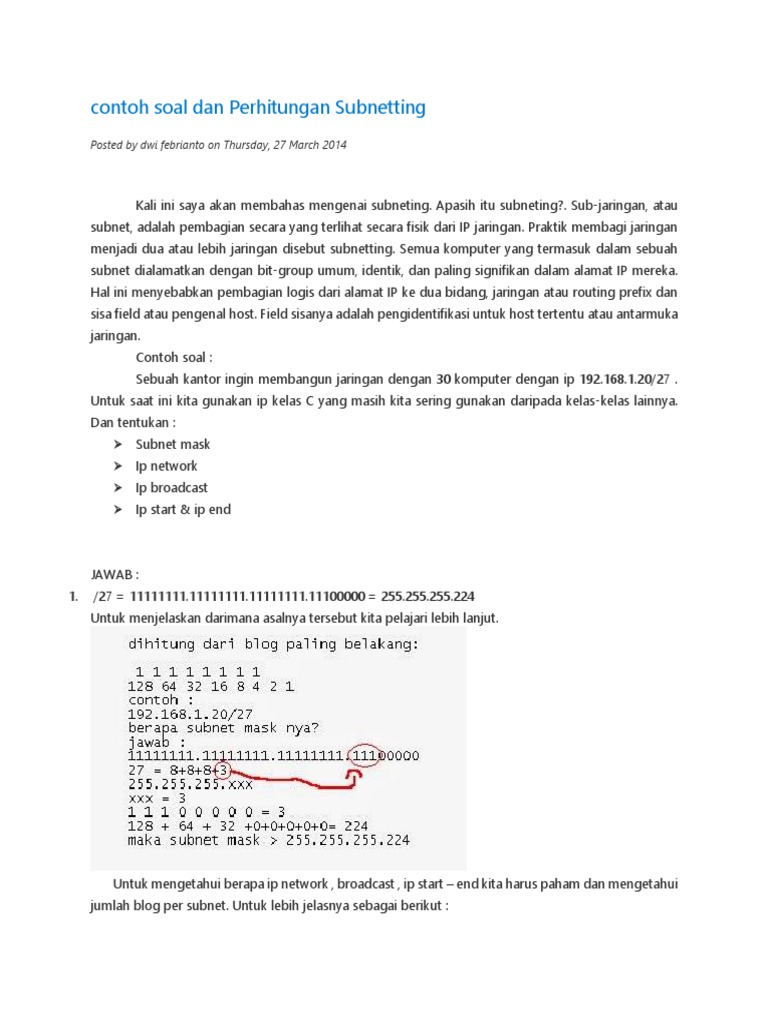 Contoh Soal dan Perhitungan Subnetting | PDF | Komputer | Teknologi ...
