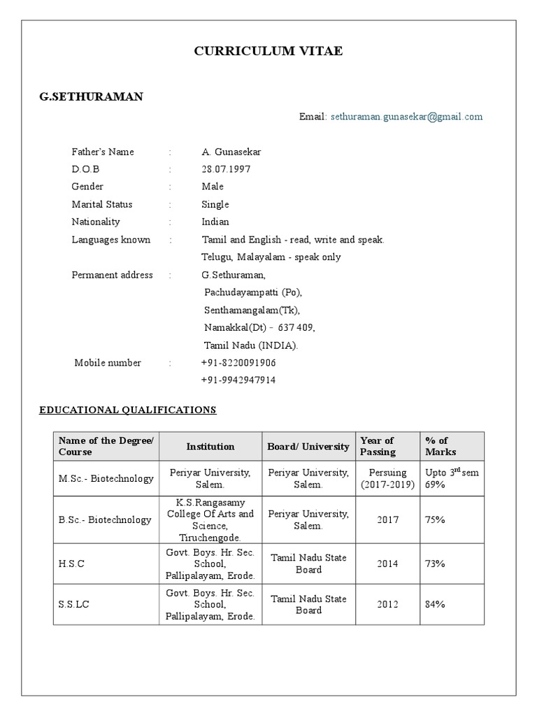 Sethu CV New1 | PDF | Biology | Organisms