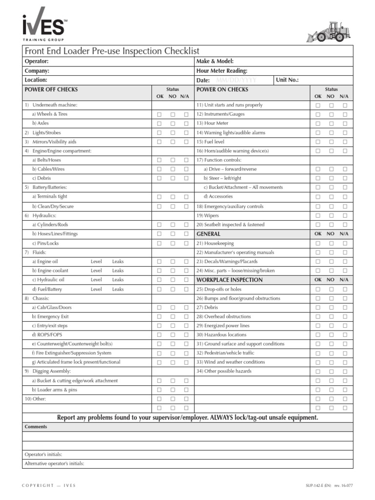 Front End Loader PreUse Inspection PDF | PDF | Loader (Equipment) | Car
