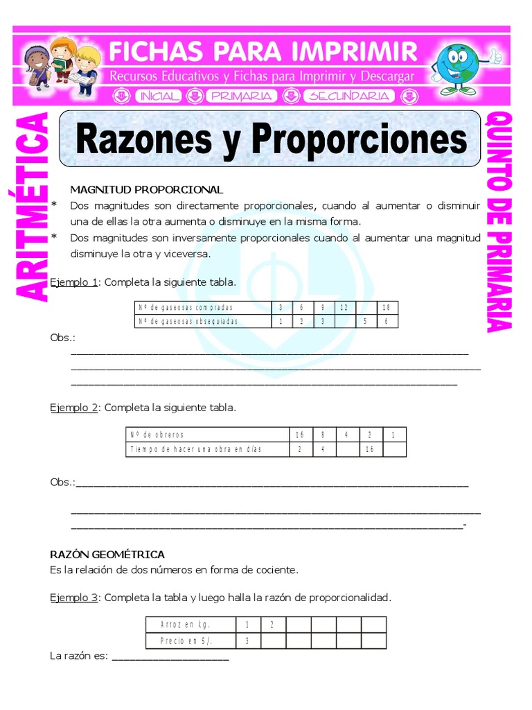 Razones y Proporciones para Quinto de Primaria | PDF | Enseñanza de ...