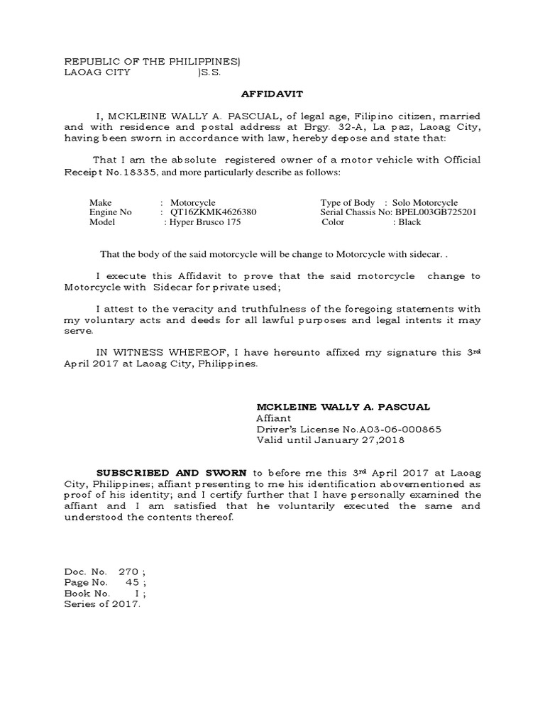 Motorcycle Affidavit for Body Change | PDF | Law