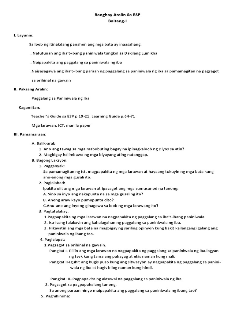 Banghay Aralin Sa ESP-COT | PDF