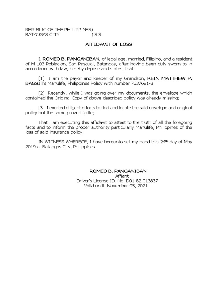 Affidavit of Loss - Manulife Policy | PDF