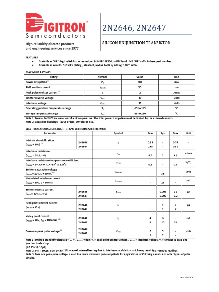 2N2646, 2N2647 | PDF | Bipolar Junction Transistor | Electricity