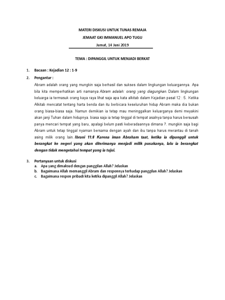 Materi Diskusi Panggilan Tuhan untuk Remaja | PDF | Seni & Disiplin ...
