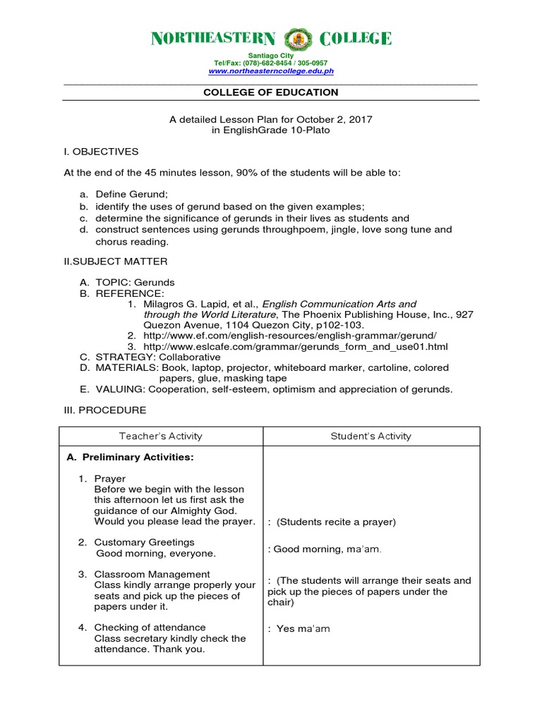 Detailed Lesson Plan on Gerunds | PDF | Verb | Object (Grammar)