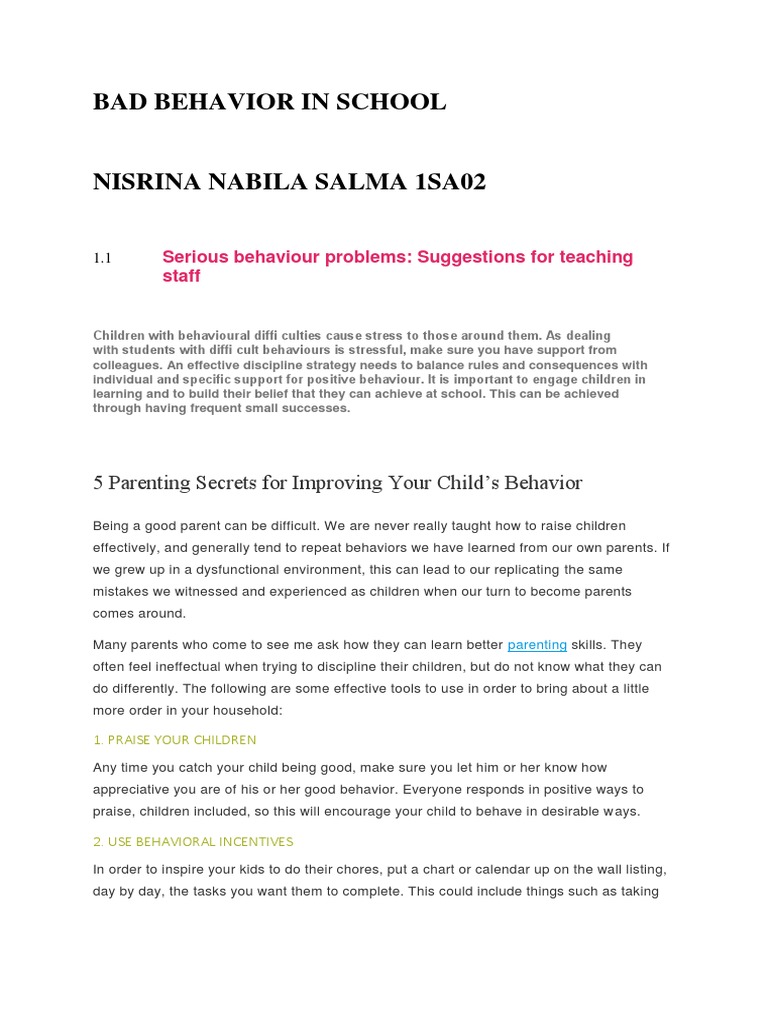 Bad Behavior in School: Serious Behaviour Problems: Suggestions For ...