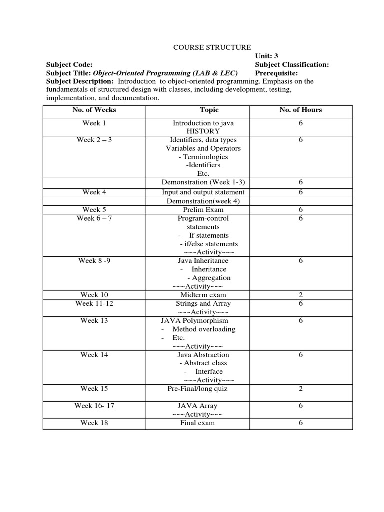 Oop Course Structure Pdf Object Oriented Programming Class 8501