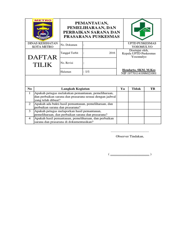Daftar Tilik Pemantauan Pemeliharaan Perbaikan Sarana Prasarana | PDF