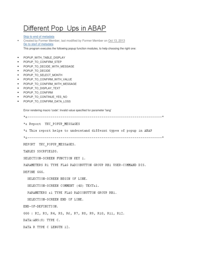 ABAP Different Pop Ups | PDF | Parameter (Computer Programming) | Computer Programming