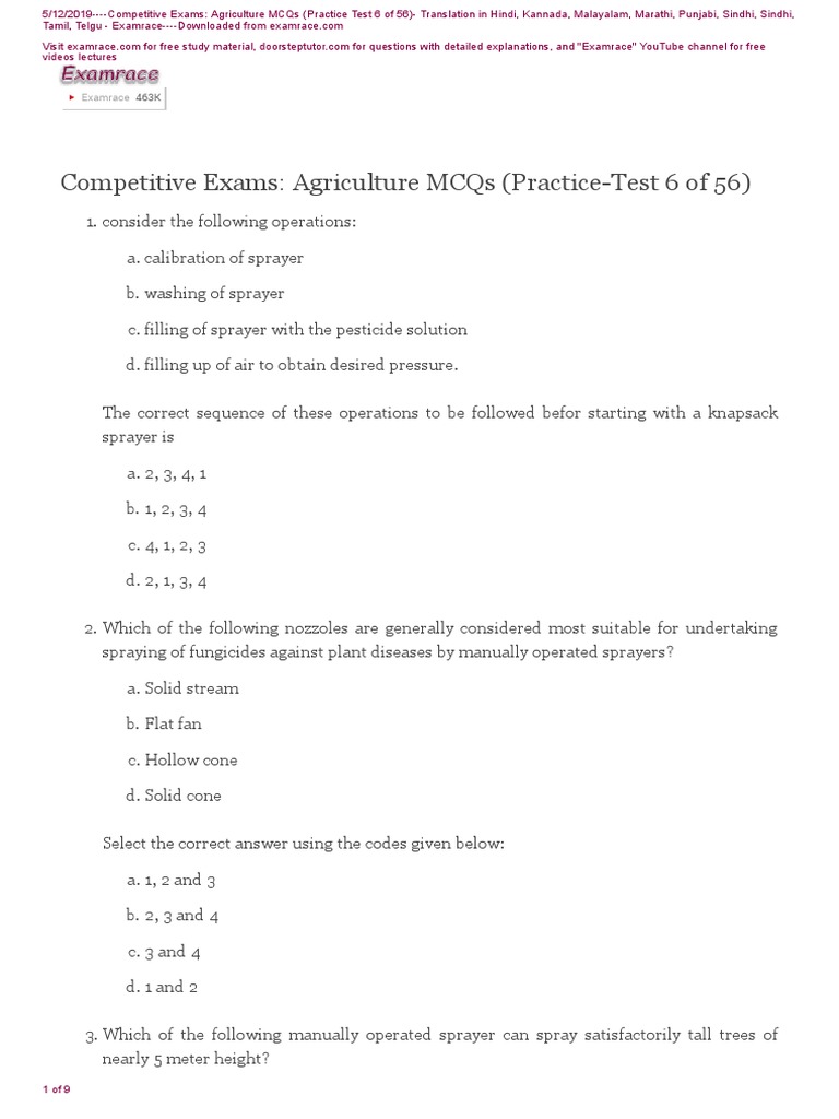 Agriculture MCQs Practice Test 6 | PDF | Production Function | Plant ...