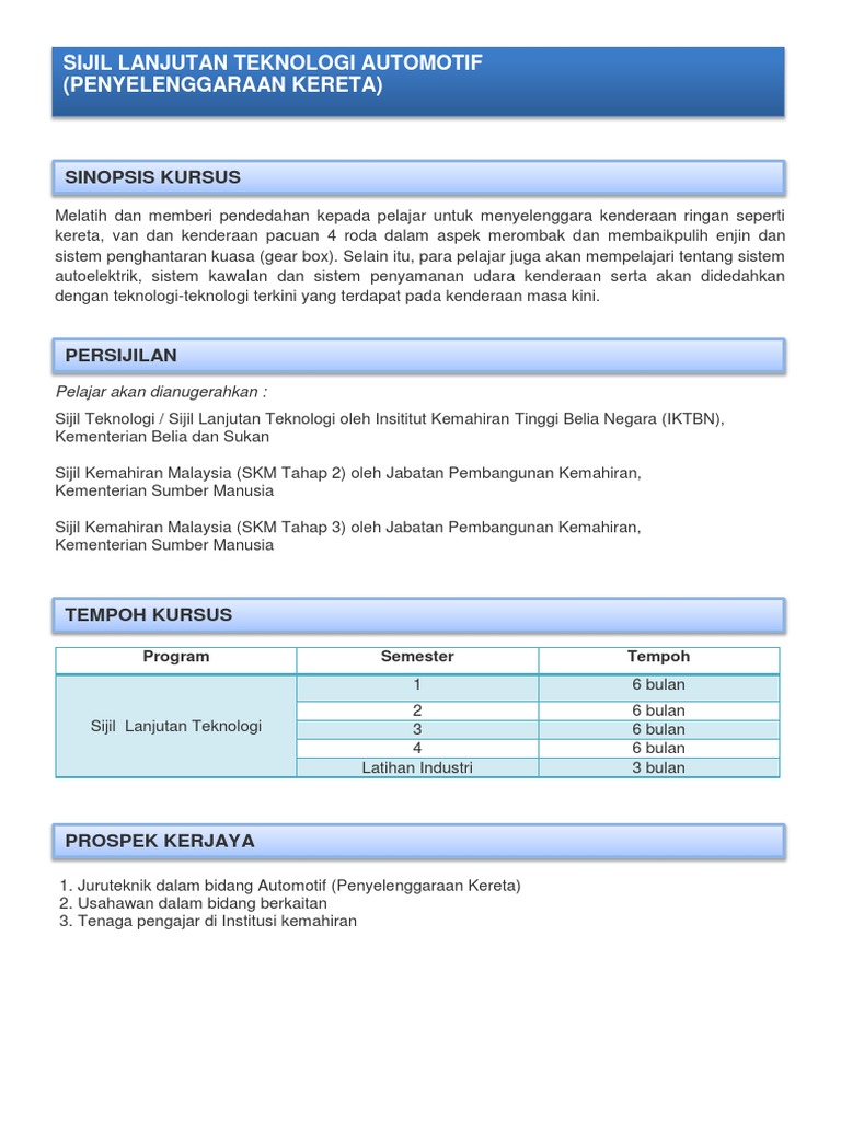 Sijil Lanjutan Teknologi Automotif (Penyelenggaraan Kereta) : Sinopsis ...