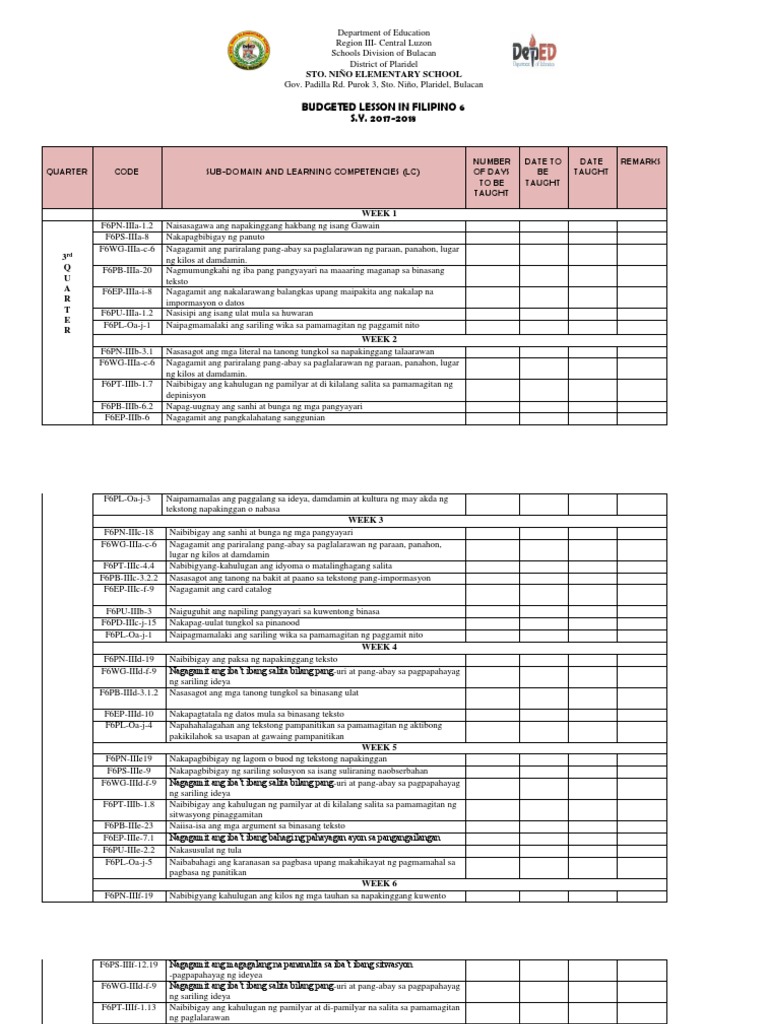 FILIPINO 6 Budgeted Lessons | PDF