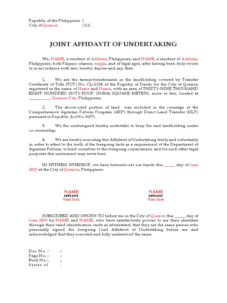 Joint Affidavit of Undertaking: Quezon | PDF