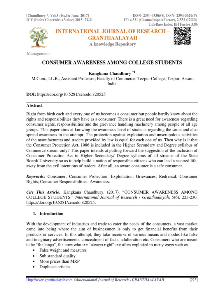 Consumer Awareness Among College Students: Management | PDF | Consumer ...